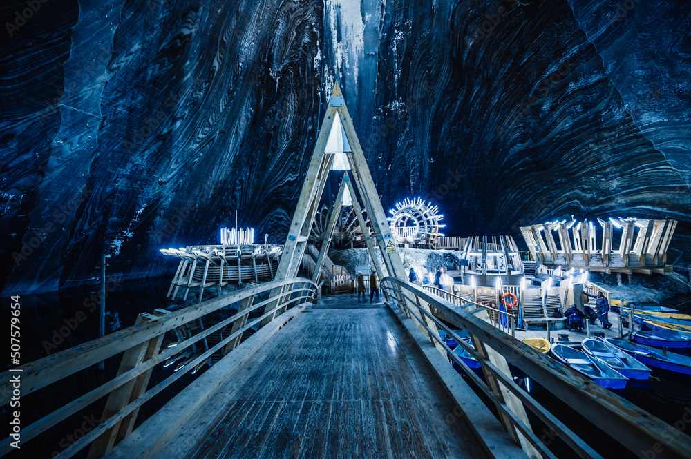 Underground theme park in big salt mine Salina Turda, Turda in Romania ...