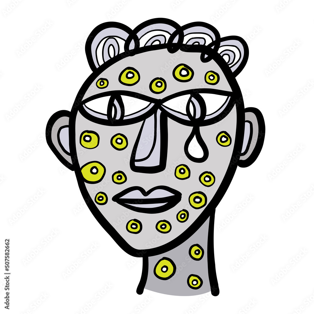 Cartoon line drawing of a sad human face infected with the Monkeypox ...