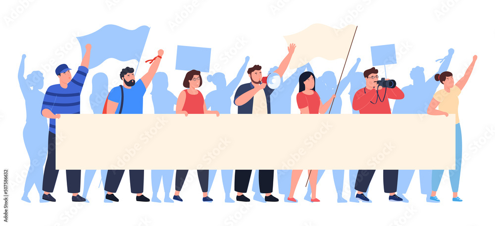 Crowd of opposing people taking part in a protest rally with flags and ...