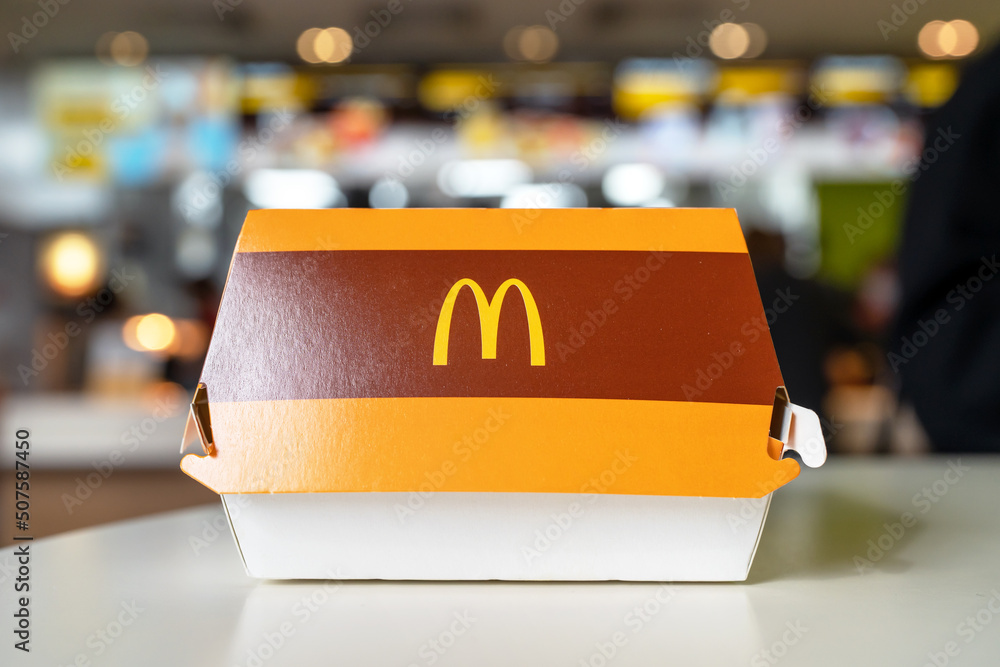 Big Mac Box with McDonald's logo on table in McDonald's Restaurant ...