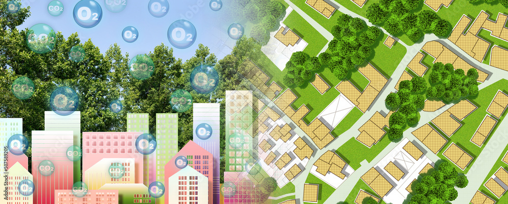 Trees canopy and cityscape with oxygen O2 and carbon dioxide CO2 ...
