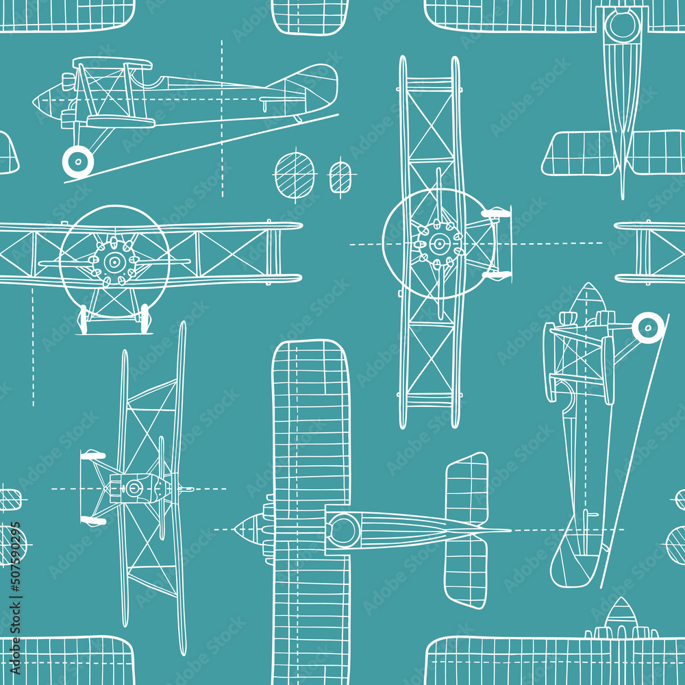 Hand drawn vintage airplane blueprint. Seamless vector pattern. Perfect ...