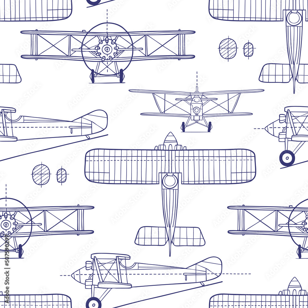 Hand drawn vintage airplane blueprint. Seamless vector pattern. Perfect ...