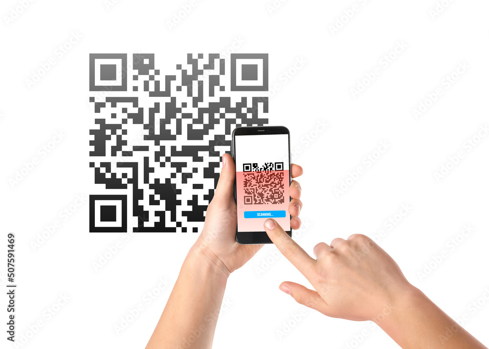 Man scanning QR code with smartphone on white background, closeup Stock ...