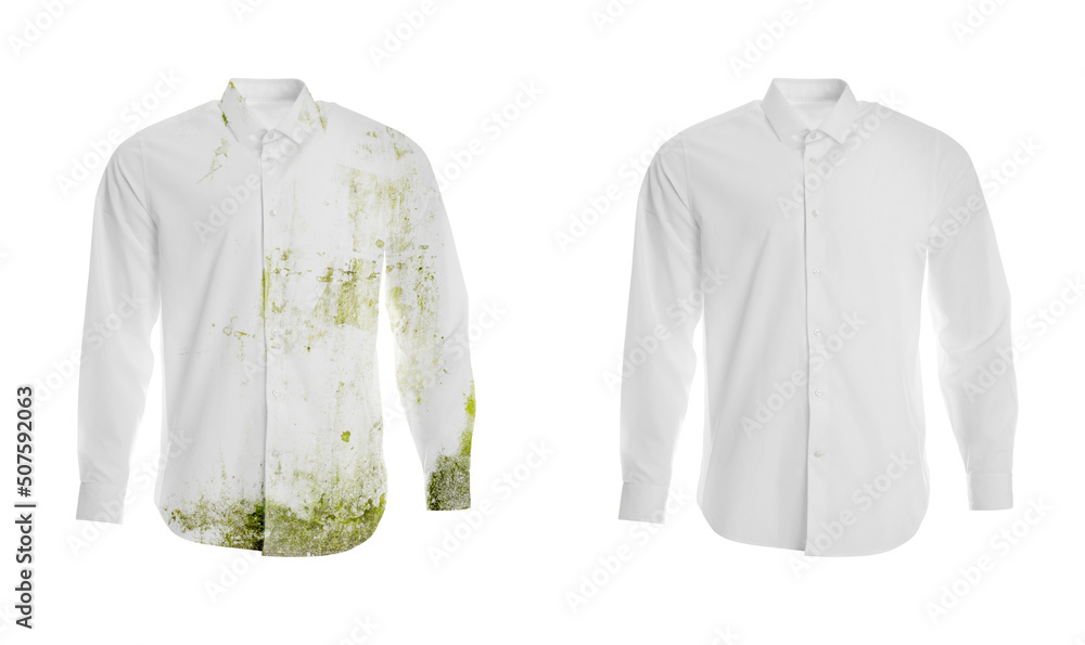 Stylish shirt before and after washing on white background, collage ...