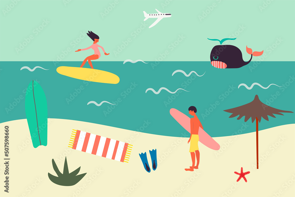 Summertime hand drawn illustration. Cartoon characters. Vector. Stock ...