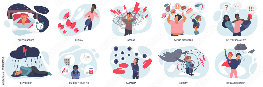 Mental disorders set infographic vector illustration. Cartoon depressed ...