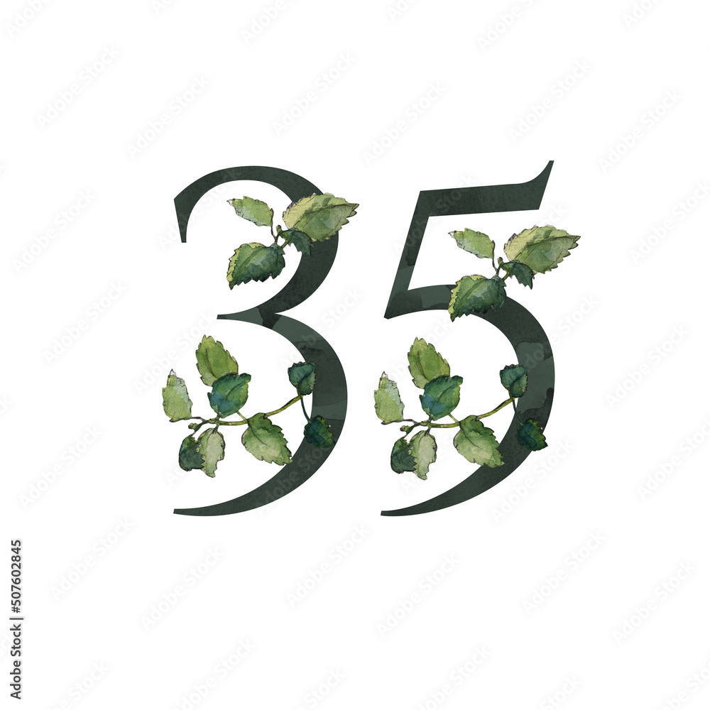 Dark green decorative floral alphabet - number Thirty five (35) symbol ...