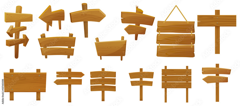 Wooden sign boards set vector illustration. Cartoon billboard post from ...