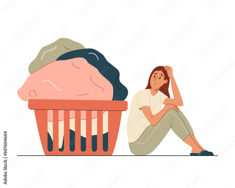 Sad tiny woman looking at huge basket of dirty laundry. Unhappy female ...