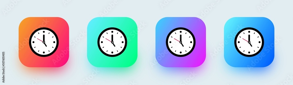 Clock icon set in square gradient colors. Vector time and clock icon ...