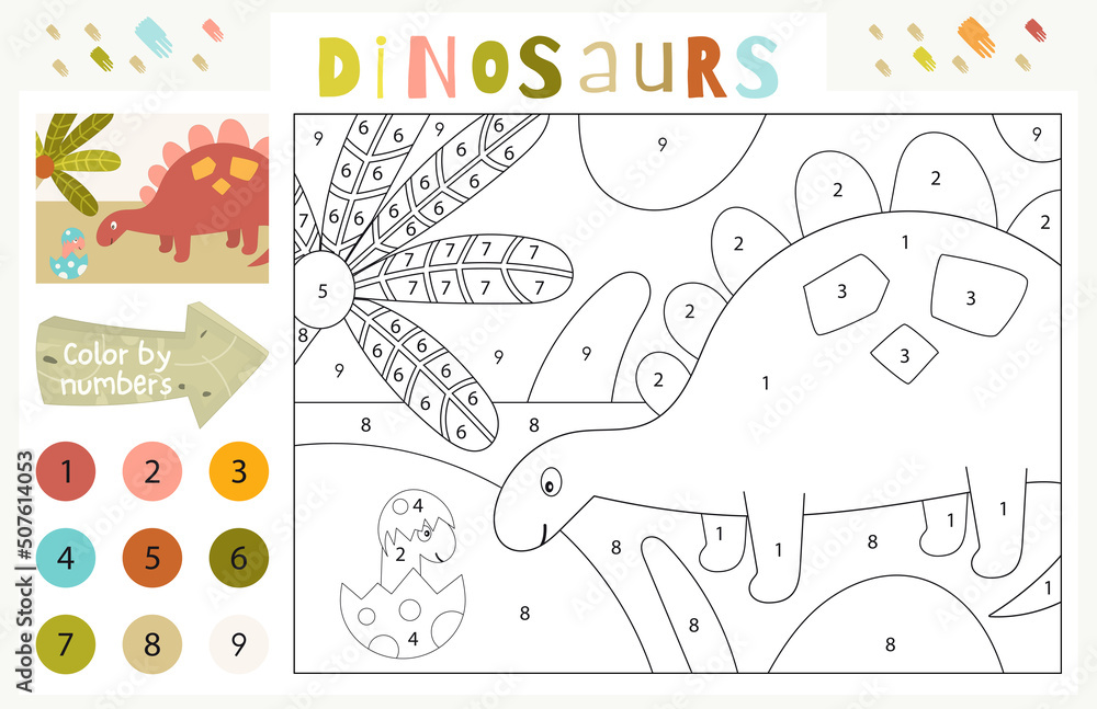Dinosaurs activities for kids. Color by numbers – cute dinosaur and ...