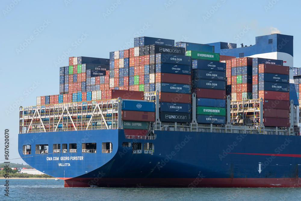 Southampton, England, UK. 2022. Stern of a container ship with ...