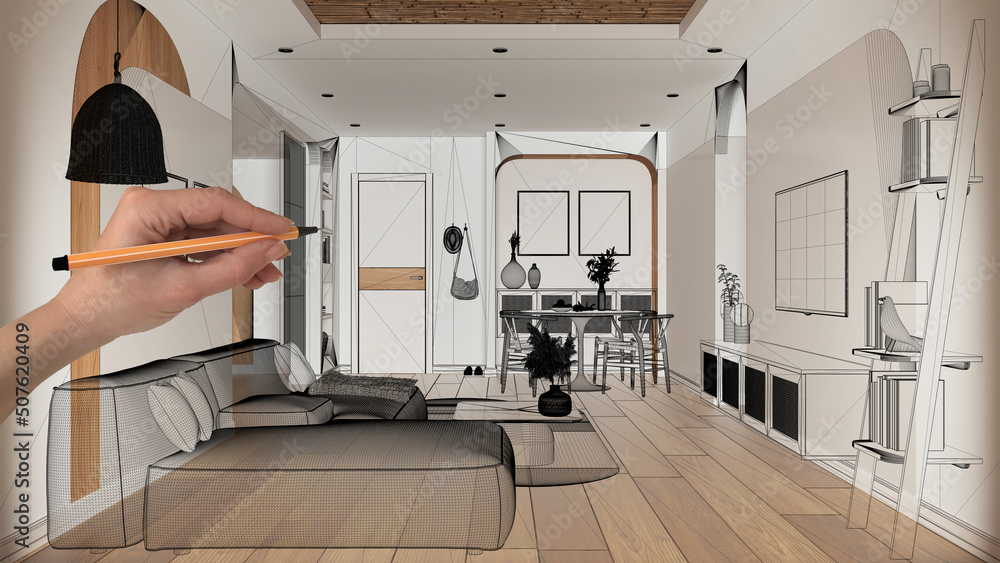 Empty white interior with parquet floor, hand drawing custom ...