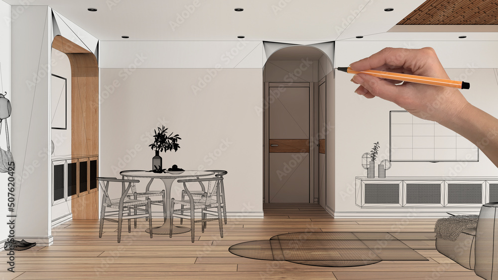 Empty white interior with parquet floor, hand drawing custom ...