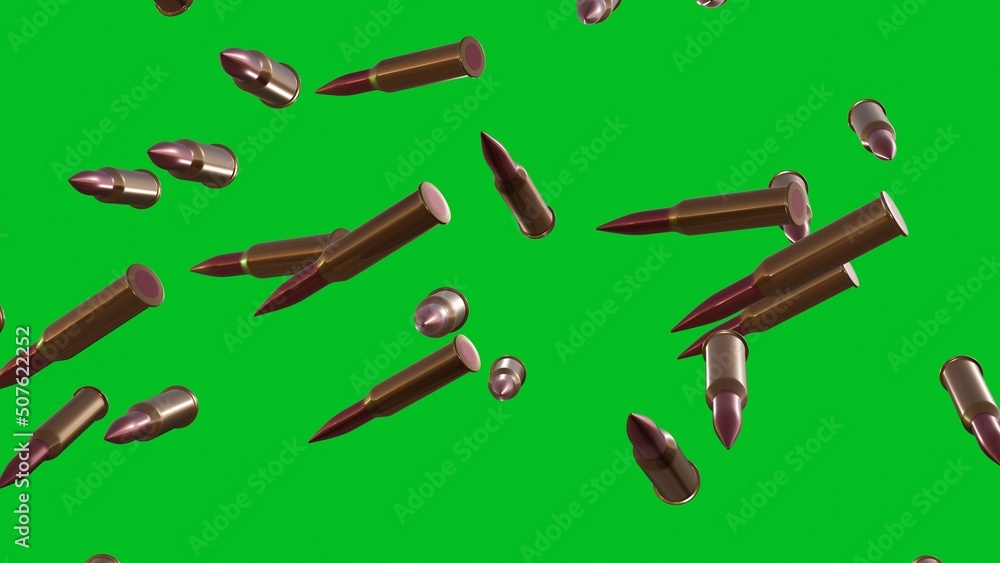 Many bullets flying to camera on chromakey background. Green screen ...