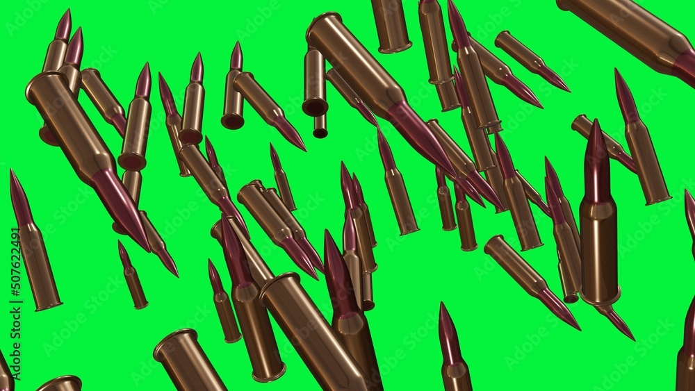 Many bullets flying to camera on chromakey background. Green screen ...