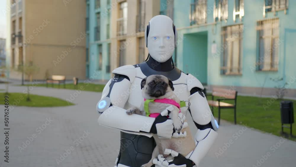 Portrait of humanoid robot with pug dog in hands posing at camera at ...