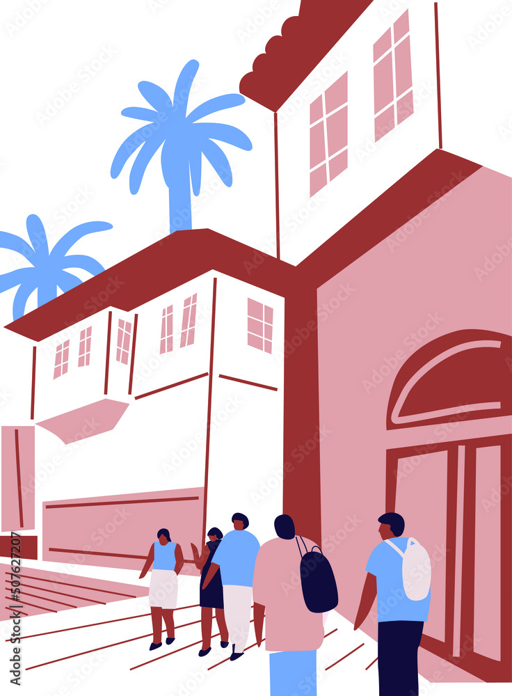 Urban landscape drawing vector. Simple and cozy street, people ...