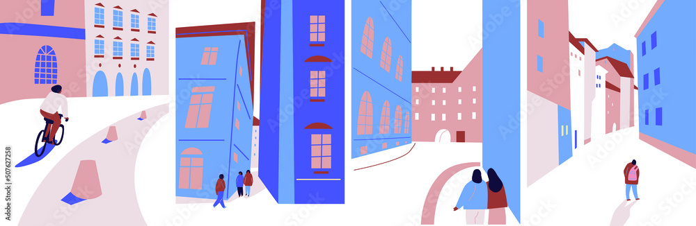 Urban landscape drawing vector. Simple and cozy street, cafe, people ...