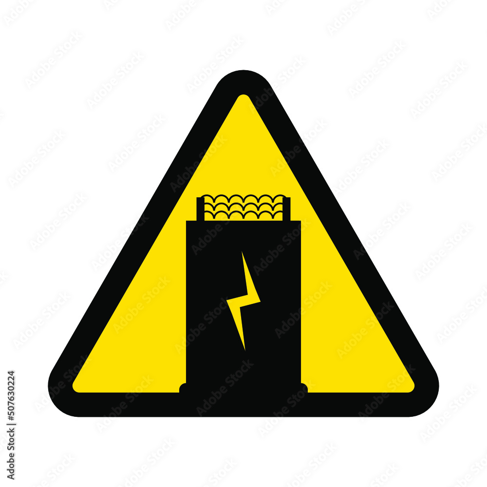 Electrical substation or transformer box, warning yellow triangular ...