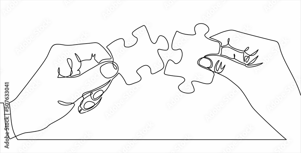 One continuous line drawing of two hands holding puzzle pieces to unite ...
