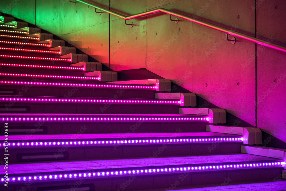 Rainbow lighted staircase at night Stock Photo | Adobe Stock