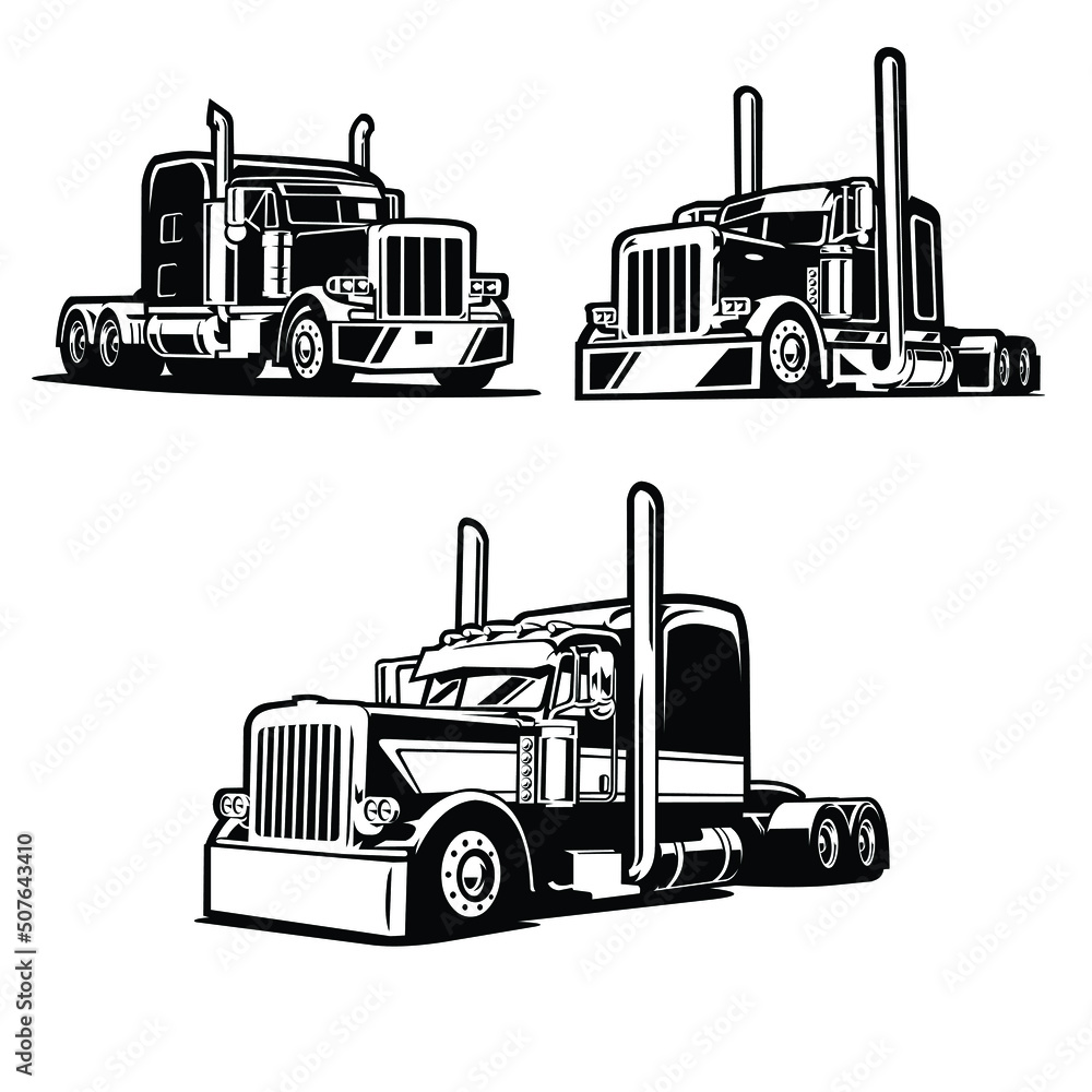 Monochrome 18 wheeler big rig freight semi truck vector isolated in ...