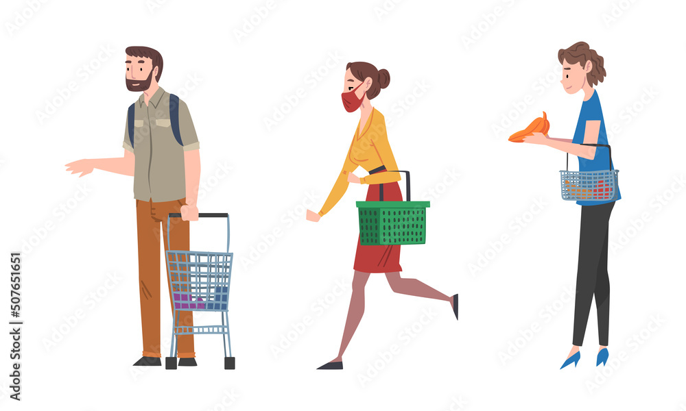 Customers shopping for groceries in supermarket set cartoon vector ...
