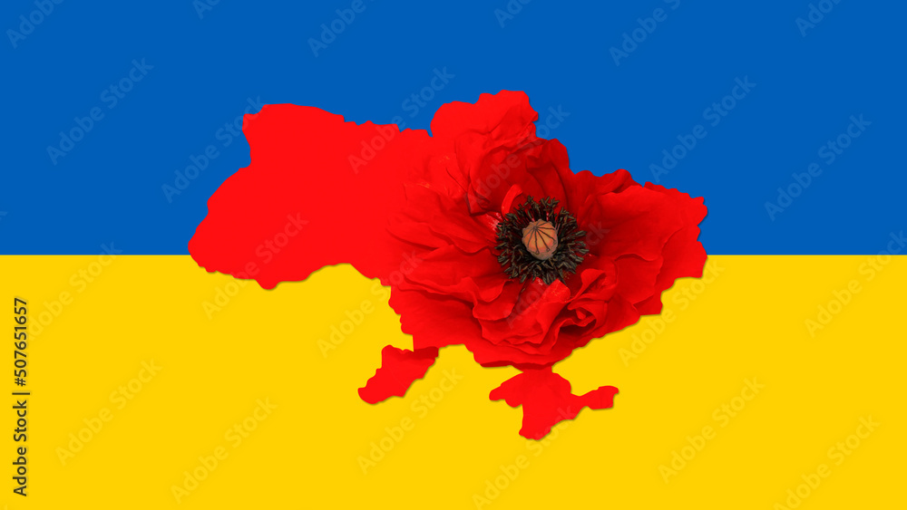 Ukraine map with a poppy textured red flag of Ukraine abstract ...