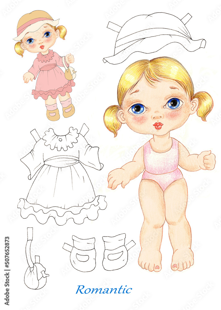 Freehand drawing of a paper doll with a romantic dress for coloring ...