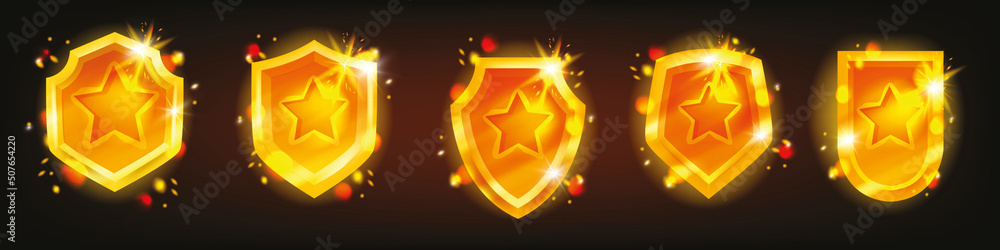 Golden game badge vector set, award UI medal shield kit, shiny rank ...