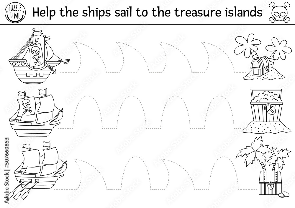 Vector pirate ship handwriting practice worksheet. Treasure island ...
