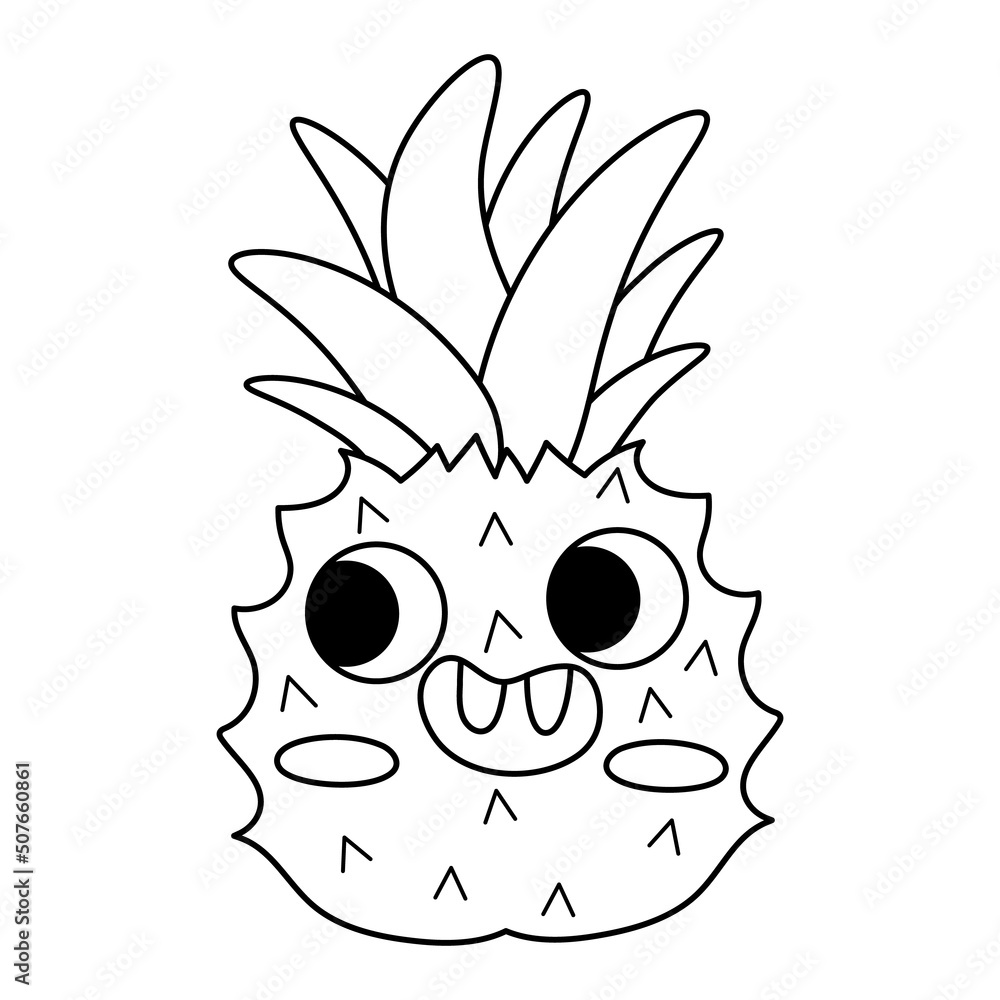 Vector black and white funny kawaii pineapple line icon or coloring ...
