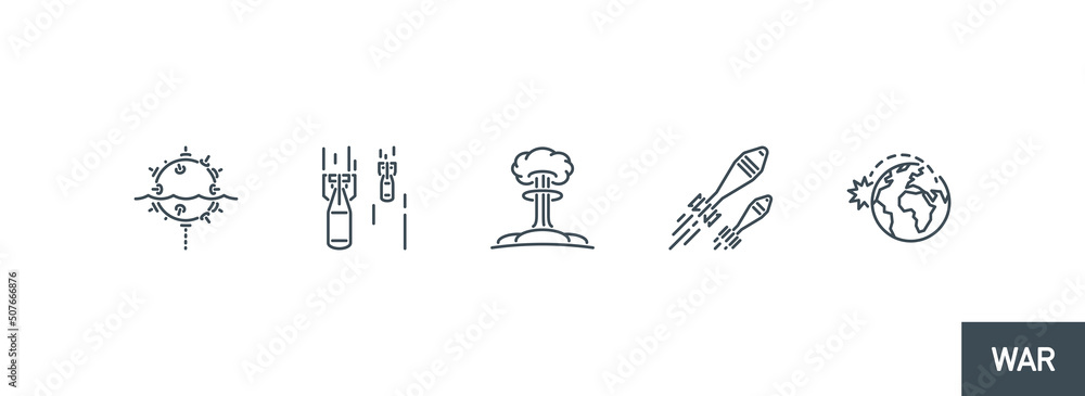 bombing with atomic aerial bombs line icon collection isolated on white ...