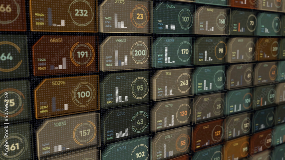 Colored cells with numbers in computer. Animation. Digital cells with different numbers and ...