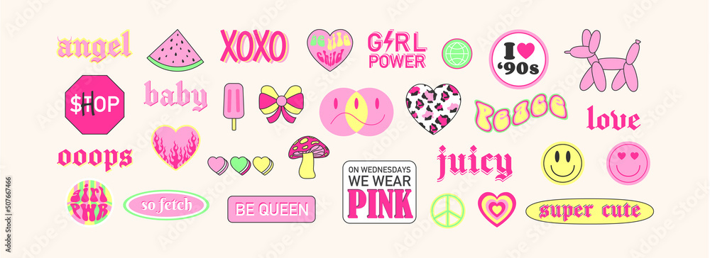 Cute trendy girly retro 2000s stickers with cartoon comic label patches ...