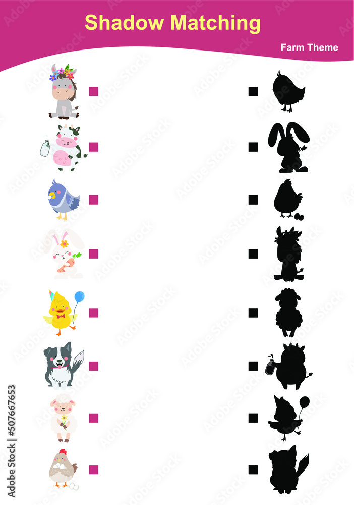 Matching shadow game worksheet. Educational printable worksheet. Vector ...