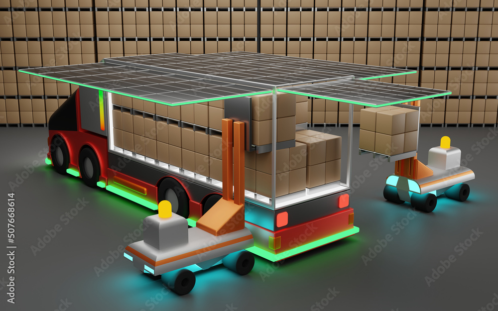 Autonomous forklift loading pallets with boxes on a futuristic solar ...