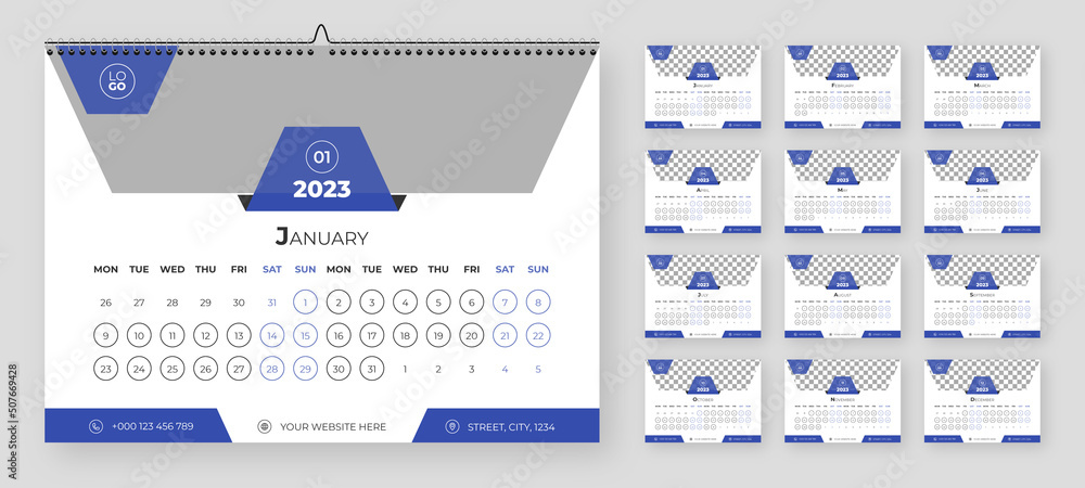Monthly calendar template for 2023 year. Week Starts on Monday. Wall ...