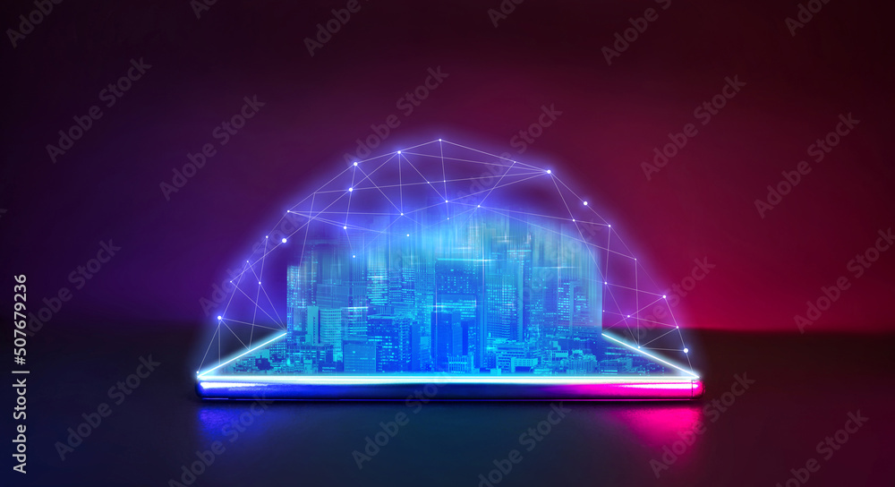 Future technology cyberpunk neon color of mobile phone with city pop ...