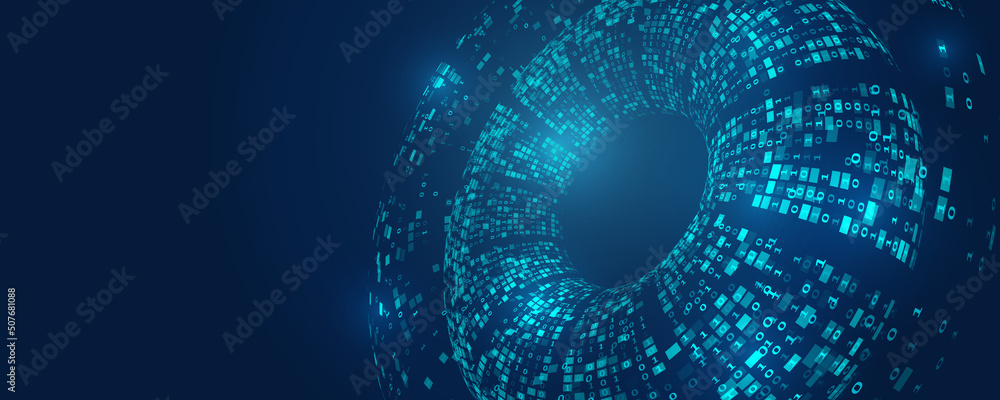 Big data visualization. Algorithm or machine learning illustration. Abstract binary code. Binary ...