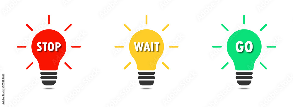 Stop, wait, and go color icons. Green Yellow and Red light bulbs with ...