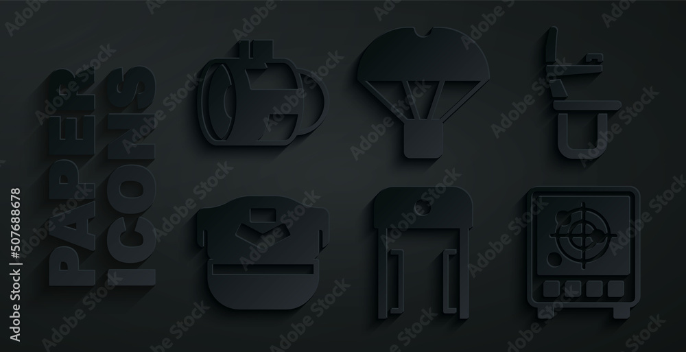 Set Metal detector in airport, Airplane seat, Pilot hat, Radar with ...