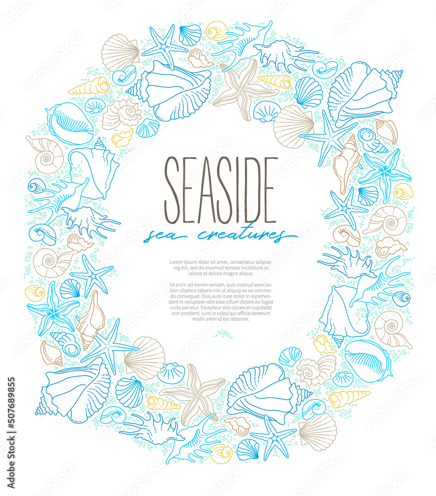 Vector frame, border of line art tropical sea elements, seashells ...