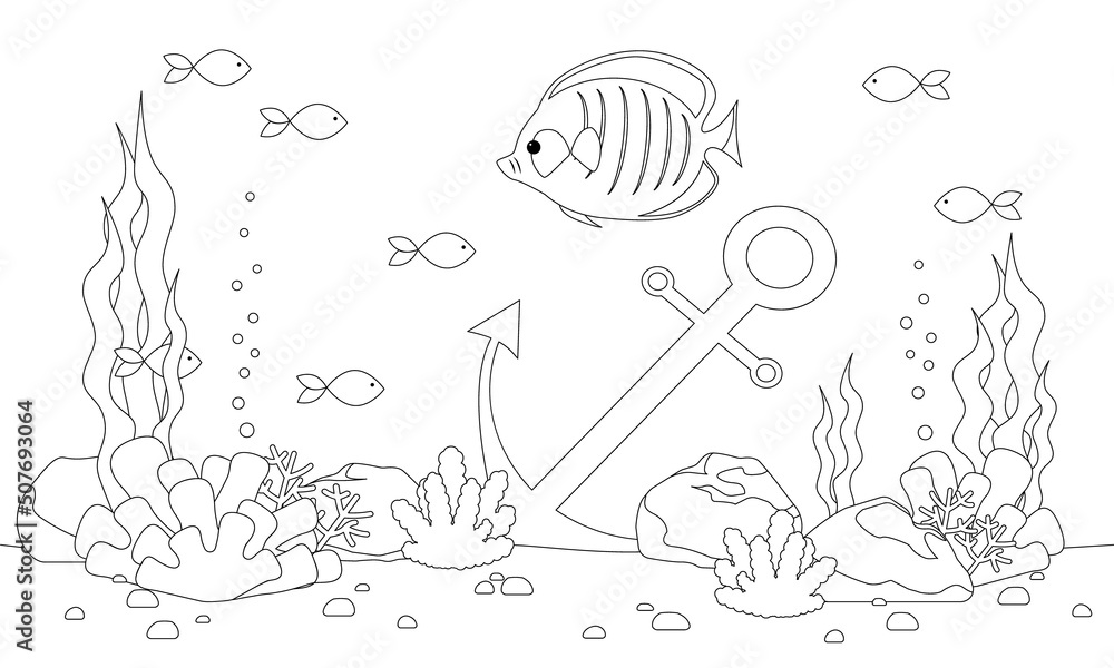 Coloring Page with Cartoon Underwater Sea Landscape. Marine ...