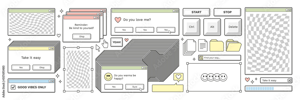 Old computer aestethic. Retro pc elements, user interface, operating system, windows, icons in ...