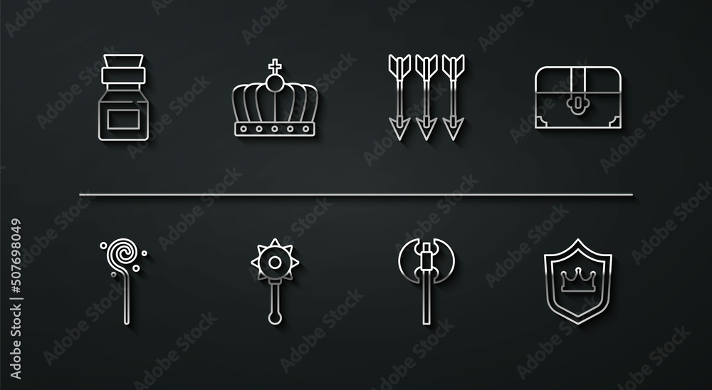 Set line Poison in bottle, Magic staff, Antique treasure chest ...