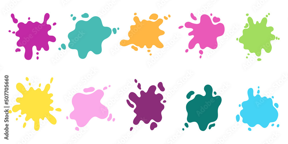 Hand drawn set of color paint splashes. Different shapes of Paint splatter and drops, ink blobs ...