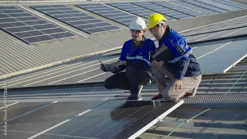 Two Asian technician installing inspection or repair solar cell panels ...